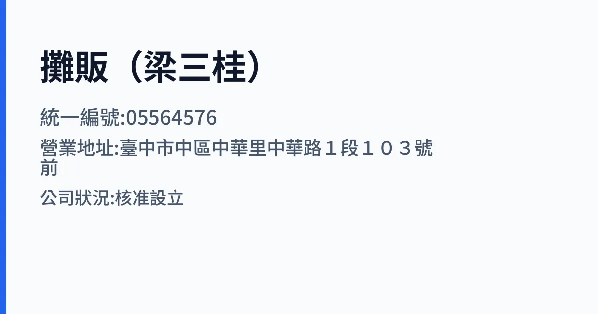 攤販(梁三桂) - 統編 05564576(臺中市) 公司登記資料與營業項目詳細圖表