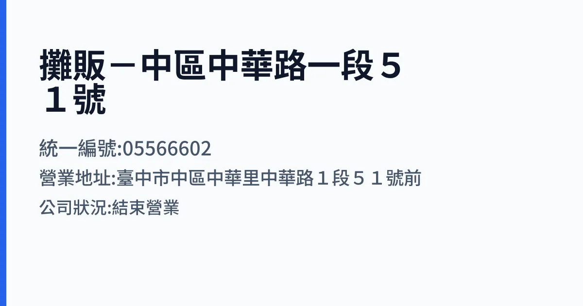 攤販－中區中華路一段５１號 - 統編 05566602（臺中市） 公司登記資料與營業項目詳細圖表