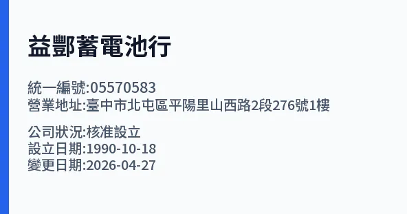 益酆蓄電池行的照片-統編 05570583(臺中市) 公司登記資料與營業項目詳細圖表