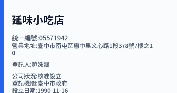 延味小吃店的照片-統編 05571942(臺中市) 公司登記資料與營業項目詳細圖表