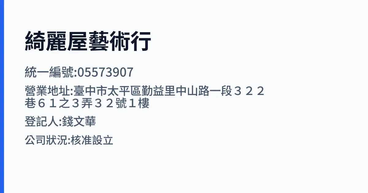 綺麗屋藝術行 - 統編 05573907（臺中市） 公司登記資料與營業項目詳細圖表