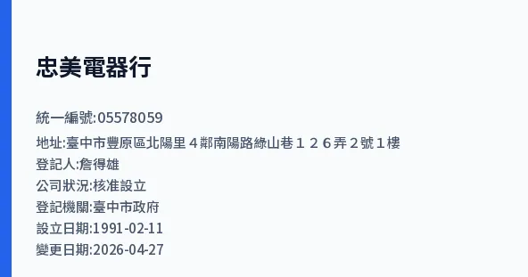忠美電器行的照片-統編 05578059(臺中市) 公司登記資料與營業項目詳細圖表