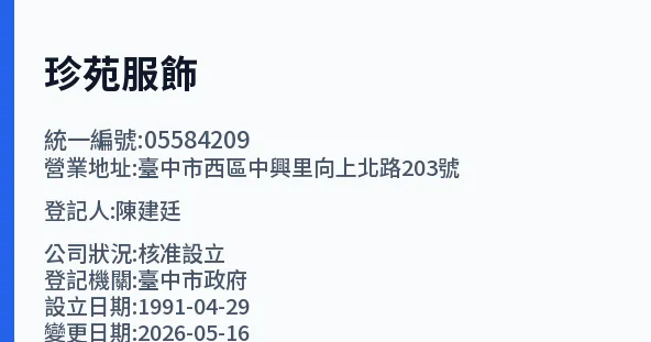 珍苑服飾的照片-統編 05584209(臺中市) 公司登記資料與營業項目詳細圖表