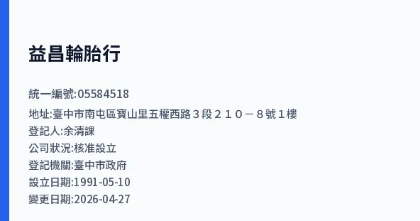 益昌輪胎行的照片-統編 05584518(臺中市) 公司登記資料與營業項目詳細圖表