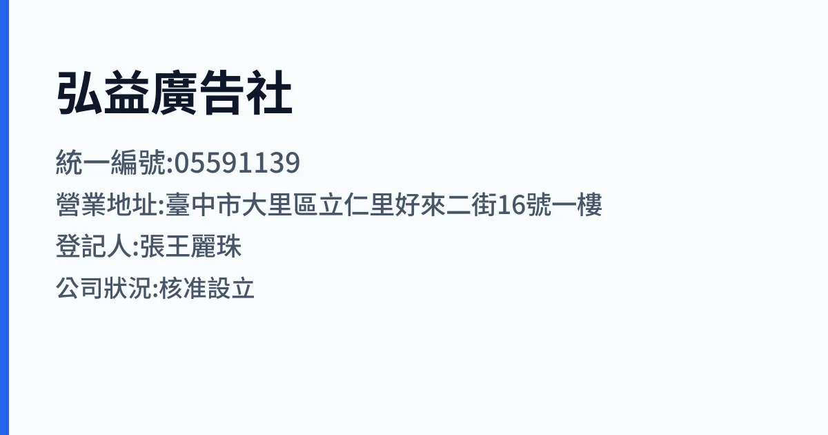 弘益廣告社 - 統編 05591139(臺中市) 公司登記資料與營業項目詳細圖表