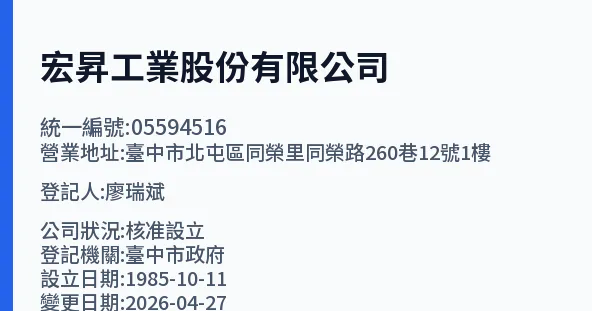 宏昇工業股份有限公司的照片-統編 05594516(臺中市) 公司登記資料與營業項目詳細圖表