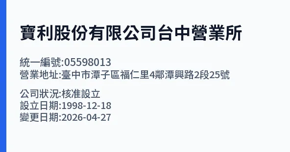 寶利股份有限公司台中營業所的照片-統編 05598013(臺中市) 公司登記資料與營業項目詳細圖表