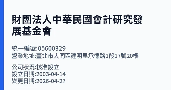 財團法人中華民國會計研究發展基金會的照片-統編 05600329(臺北市) 公司登記資料與營業項目詳細圖表