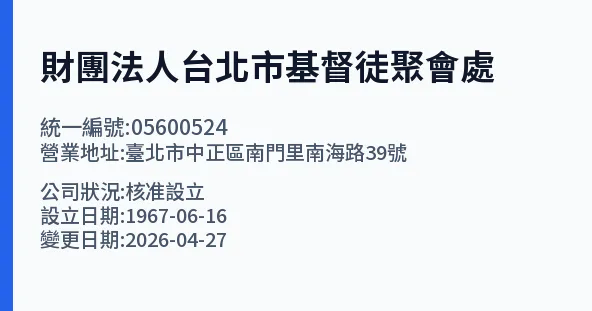 財團法人台北市基督徒聚會處的照片-統編 05600524(臺北市) 公司登記資料與營業項目詳細圖表