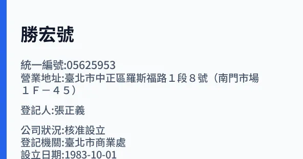 勝宏號的照片-統編 05625953(臺北市) 公司登記資料與營業項目詳細圖表