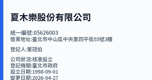 夏木樂股份有限公司的照片-統編 05626003(臺北市) 公司登記資料與營業項目詳細圖表