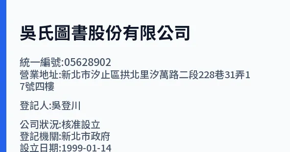 吳氏圖書股份有限公司的照片-統編 05628902(新北市) 公司登記資料與營業項目詳細圖表
