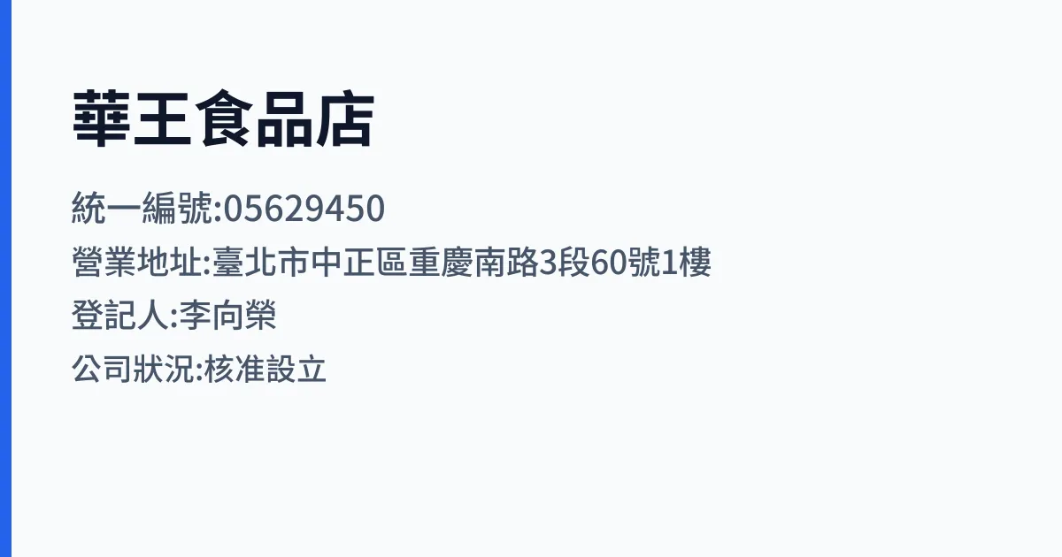 華王食品店 - 統編 05629450(臺北市) 公司登記資料與營業項目詳細圖表