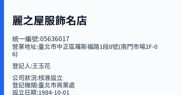 麗之屋服飾名店的照片-統編 05636017(臺北市) 公司登記資料與營業項目詳細圖表