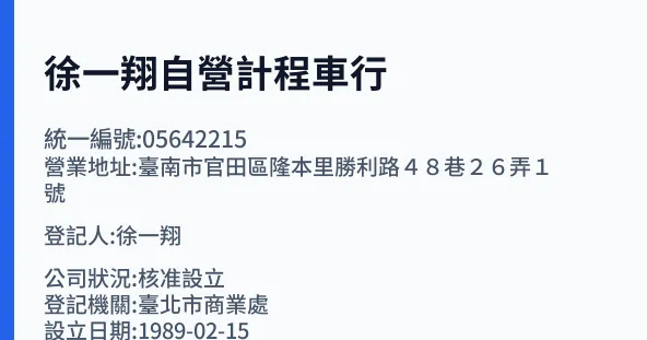 徐一翔自營計程車行的照片-統編 05642215(臺南市) 公司登記資料與營業項目詳細圖表