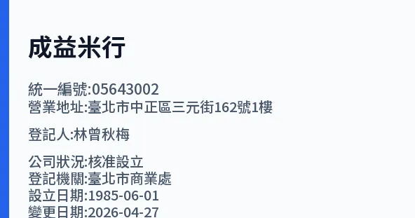 成益米行的照片-統編 05643002(臺北市) 公司登記資料與營業項目詳細圖表