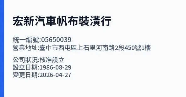 宏新汽車帆布裝潢行的照片-統編 05650039(臺中市) 公司登記資料與營業項目詳細圖表
