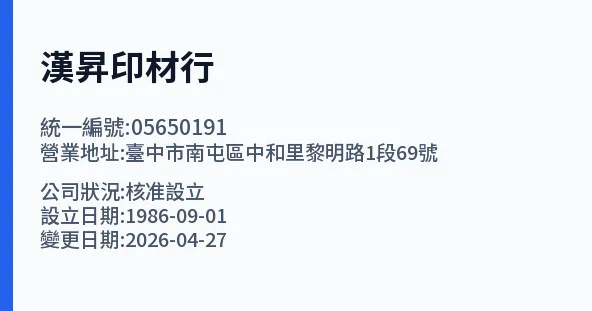 漢昇印材行的照片-統編 05650191(臺中市) 公司登記資料與營業項目詳細圖表