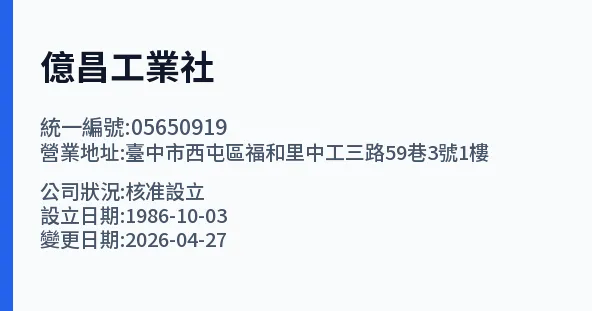 億昌工業社的照片-統編 05650919(臺中市) 公司登記資料與營業項目詳細圖表