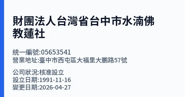財團法人台灣省台中市水湳佛教蓮社的照片-統編 05653541(臺中市) 公司登記資料與營業項目詳細圖表