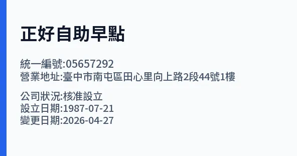 正好自助早點的照片-統編 05657292(臺中市) 公司登記資料與營業項目詳細圖表