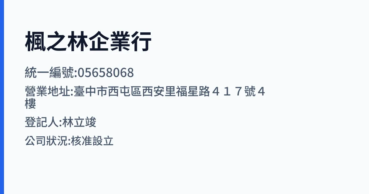 楓之林企業行 - 統編 05658068(臺中市) 公司登記資料與營業項目詳細圖表