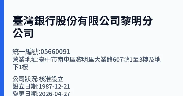 臺灣銀行股份有限公司黎明分公司的照片-統編 05660091(臺中市) 公司登記資料與營業項目詳細圖表