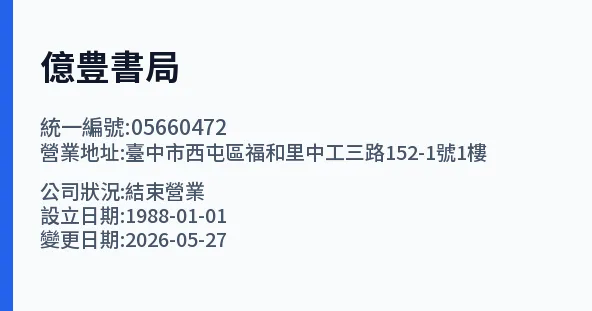 億豊書局的照片-統編 05660472(臺中市) 公司登記資料與營業項目詳細圖表