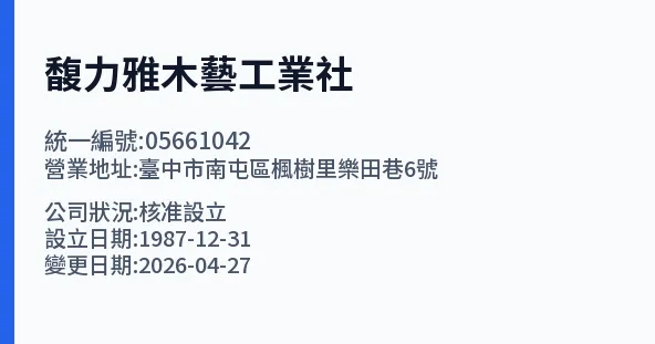 馥力雅木藝工業社的照片-統編 05661042(臺中市) 公司登記資料與營業項目詳細圖表