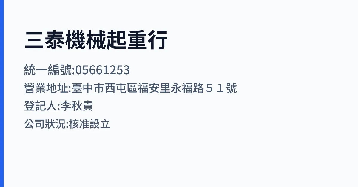 三泰機械起重行 - 統編 05661253(臺中市) 公司登記資料與營業項目詳細圖表