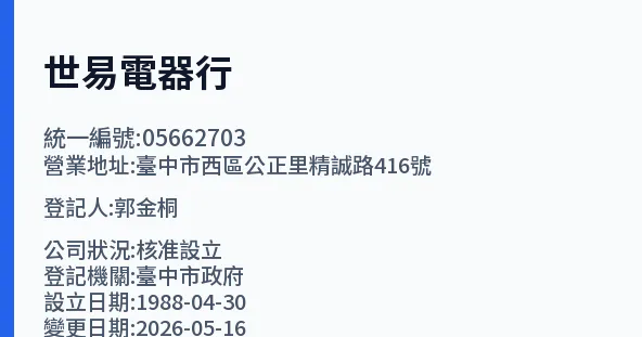世易電器行的照片-統編 05662703(臺中市) 公司登記資料與營業項目詳細圖表
