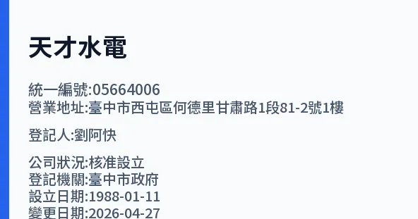 天才水電的照片-統編 05664006(臺中市) 公司登記資料與營業項目詳細圖表