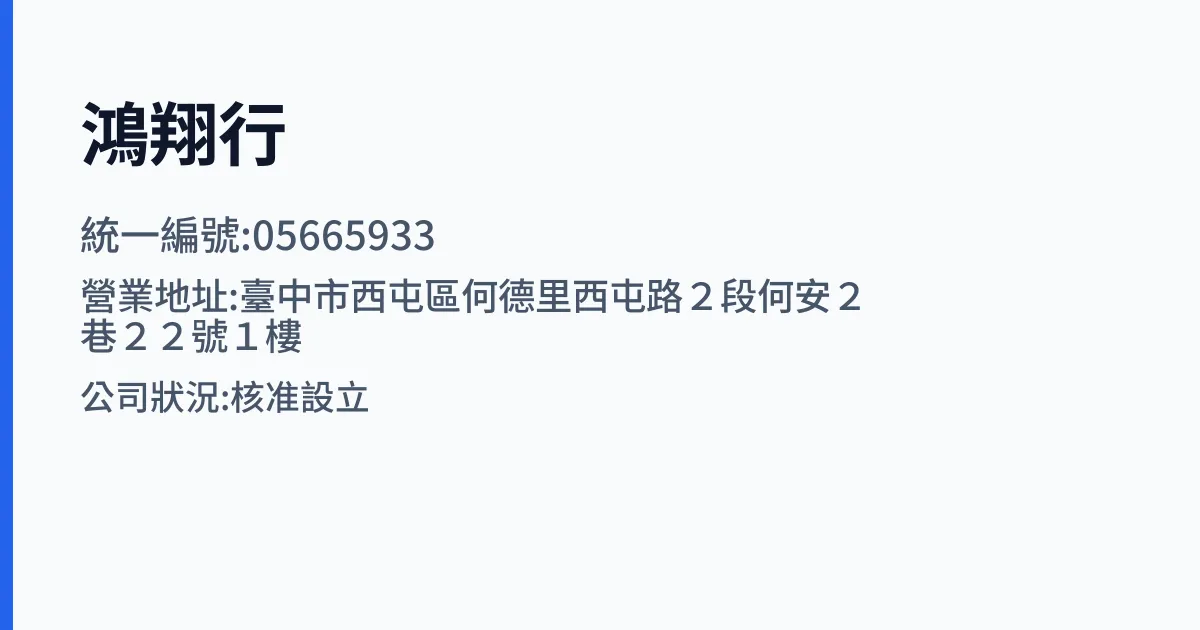 鴻翔行 - 統編 05665933(臺中市) 公司登記資料與營業項目詳細圖表