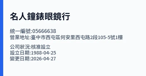 名人鐘錶眼鏡行的照片-統編 05666638(臺中市) 公司登記資料與營業項目詳細圖表