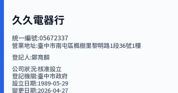 久久電器行的照片-統編 05672337(臺中市) 公司登記資料與營業項目詳細圖表