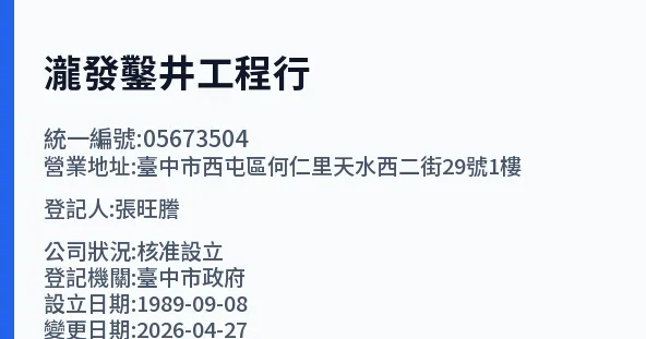 瀧發鑿井工程行的照片-統編 05673504(臺中市) 公司登記資料與營業項目詳細圖表