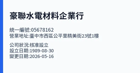 豪聯水電材料企業行的照片-統編 05678162(臺中市) 公司登記資料與營業項目詳細圖表