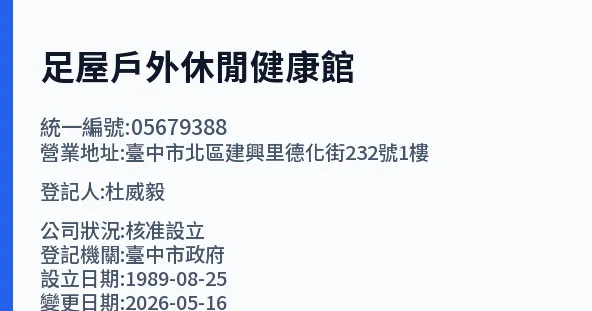 足屋戶外休閒健康館的照片-統編 05679388(臺中市) 公司登記資料與營業項目詳細圖表