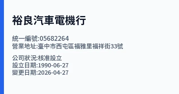 裕良汽車電機行的照片-統編 05682264(臺中市) 公司登記資料與營業項目詳細圖表
