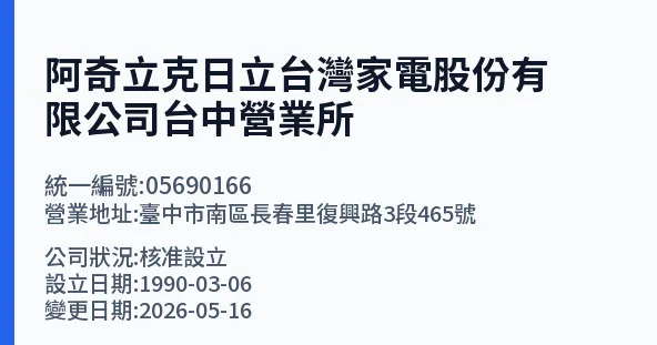 阿奇立克日立台灣家電股份有限公司台中營業所的照片-統編 05690166(臺中市) 公司登記資料與營業項目詳細圖表