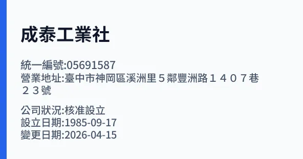 成泰工業社的照片-統編 05691587(臺中市) 公司登記資料與營業項目詳細圖表