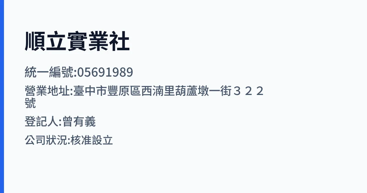 順立實業社 - 統編 05691989(臺中市) 公司登記資料與營業項目詳細圖表