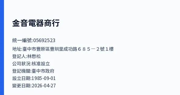 金音電器商行的照片-統編 05692523(臺中市) 公司登記資料與營業項目詳細圖表
