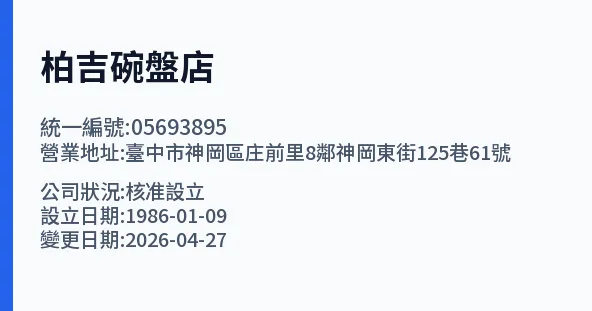 柏吉碗盤店的照片-統編 05693895(臺中市) 公司登記資料與營業項目詳細圖表