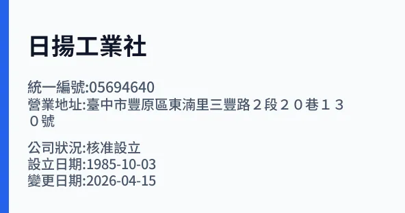日揚工業社的照片-統編 05694640(臺中市) 公司登記資料與營業項目詳細圖表