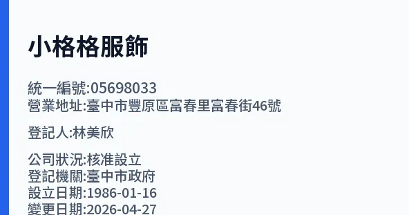 小格格服飾的照片-統編 05698033(臺中市) 公司登記資料與營業項目詳細圖表