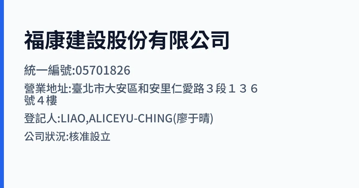 福康建設股份有限公司 - 統編 05701826（臺北市） 公司登記資料與營業項目詳細圖表