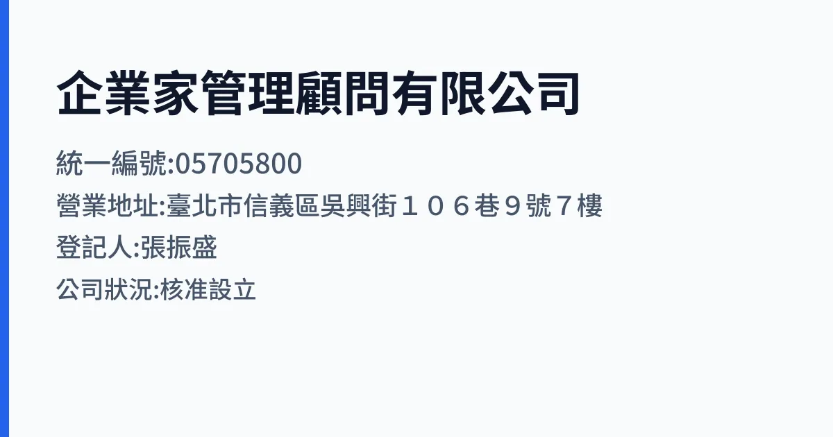 企業家管理顧問有限公司 - 統編 05705800(臺北市) 公司登記資料與營業項目詳細圖表