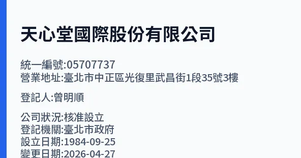 天心堂國際股份有限公司的照片-統編 05707737(臺北市) 公司登記資料與營業項目詳細圖表
