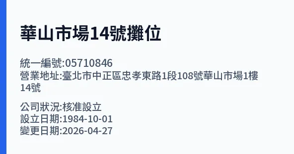 華山市場14號攤位的照片-統編 05710846(臺北市) 公司登記資料與營業項目詳細圖表